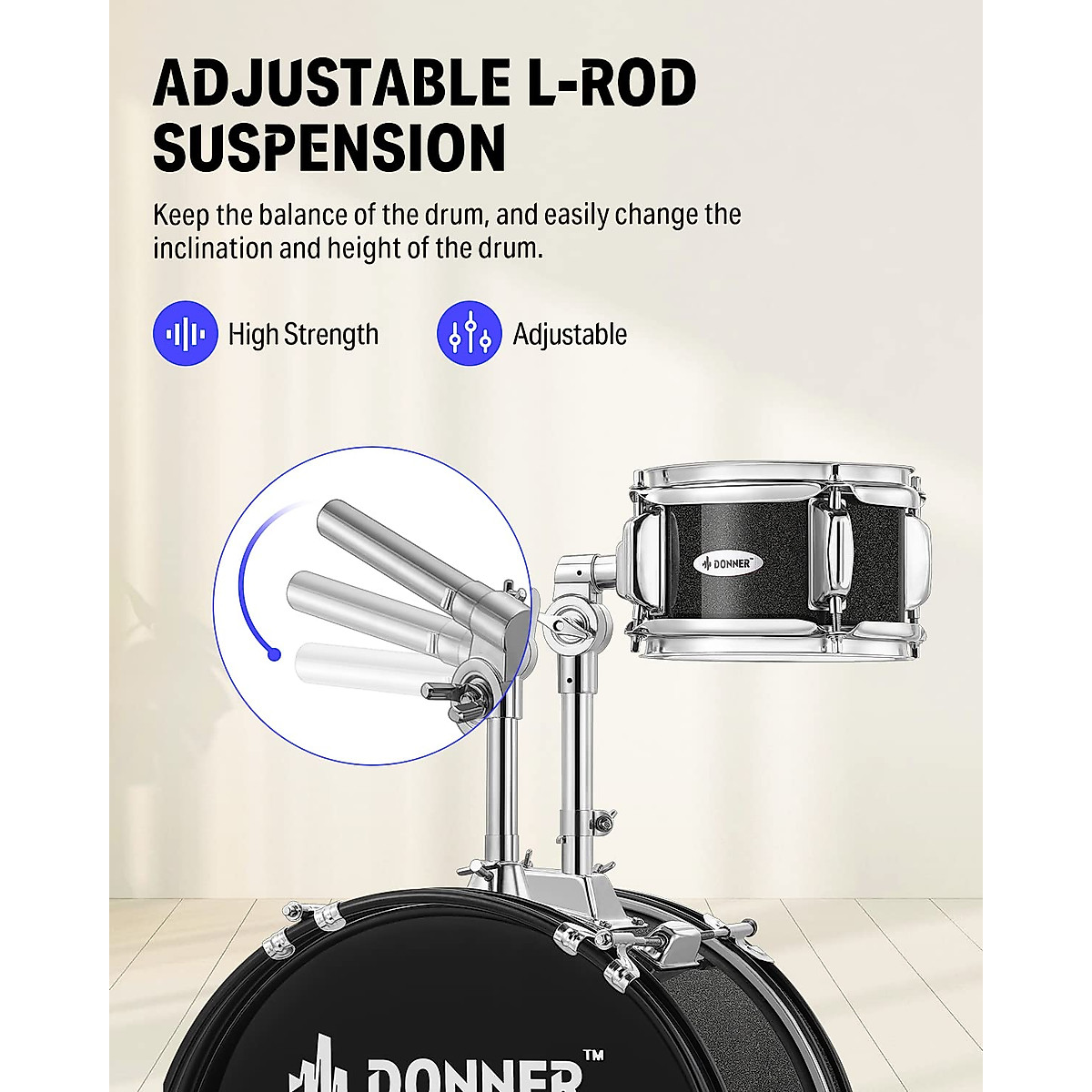 Kid Drum Sets-Donner 5-Piece for Beginners, 14 inch Full Size Complete Junior Drum Kit with Adjustable Throne, Cymbal, Hi-Hat, Pedal & Drumstick, Metallic Black