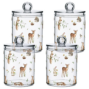 Gredecor 2 Pack Qtip Holder Clear Wild Woodland Baby Animals Apothecary Jars with Lids Acrylic Bathroom Jars Vanity Countertop Canister Storage Organizer for Cotton Ball,Swabs,Pads,Floss