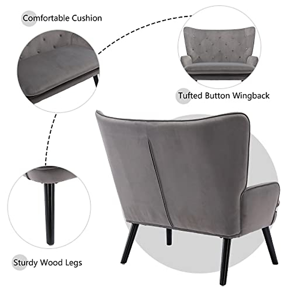 Dolonm Accent Chair Velvet Small Loveseat Tufted Button Wingback Armchair Modern Mid Century Settee Loveseat with Solid Wood Legs for Living Room Bedroom Reading Waiting Room (Silver)