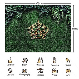 KUKUSOUL 5x3ft Crown Backdrop Gold Glitter Crown Green Leaf Photography Background Celebration Party Decoration Supplies Cake Table Banner Photo Booth Prop KUBYC404