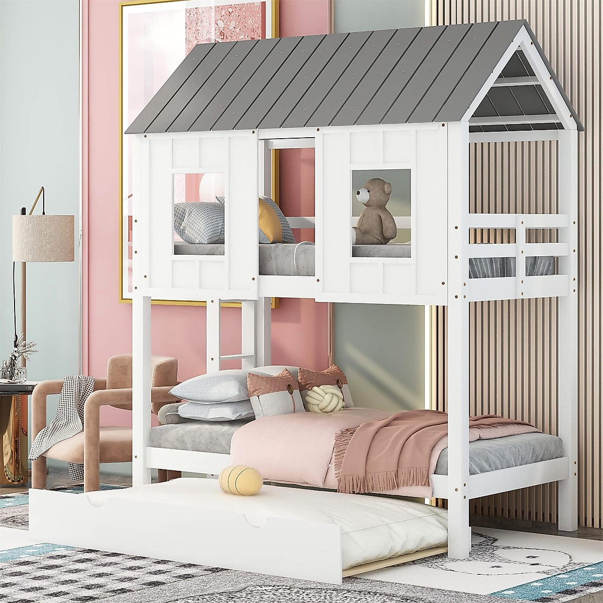 House Bunk Beds Twin Over Twin with Trundle,Kids Bunk Beds with Roof and Windows, Wood Twin Bunk Beds for Girls, Boys,White