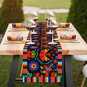 Linen Mexican Fiesta Table Runner Decoration 72×13inch Long Cinco De Mayo Dia De Los Muertos Runners Farmhouse Rustic Runner Day of The Dead Decor and Supplies for Kitchen Dining Home Table Decoration