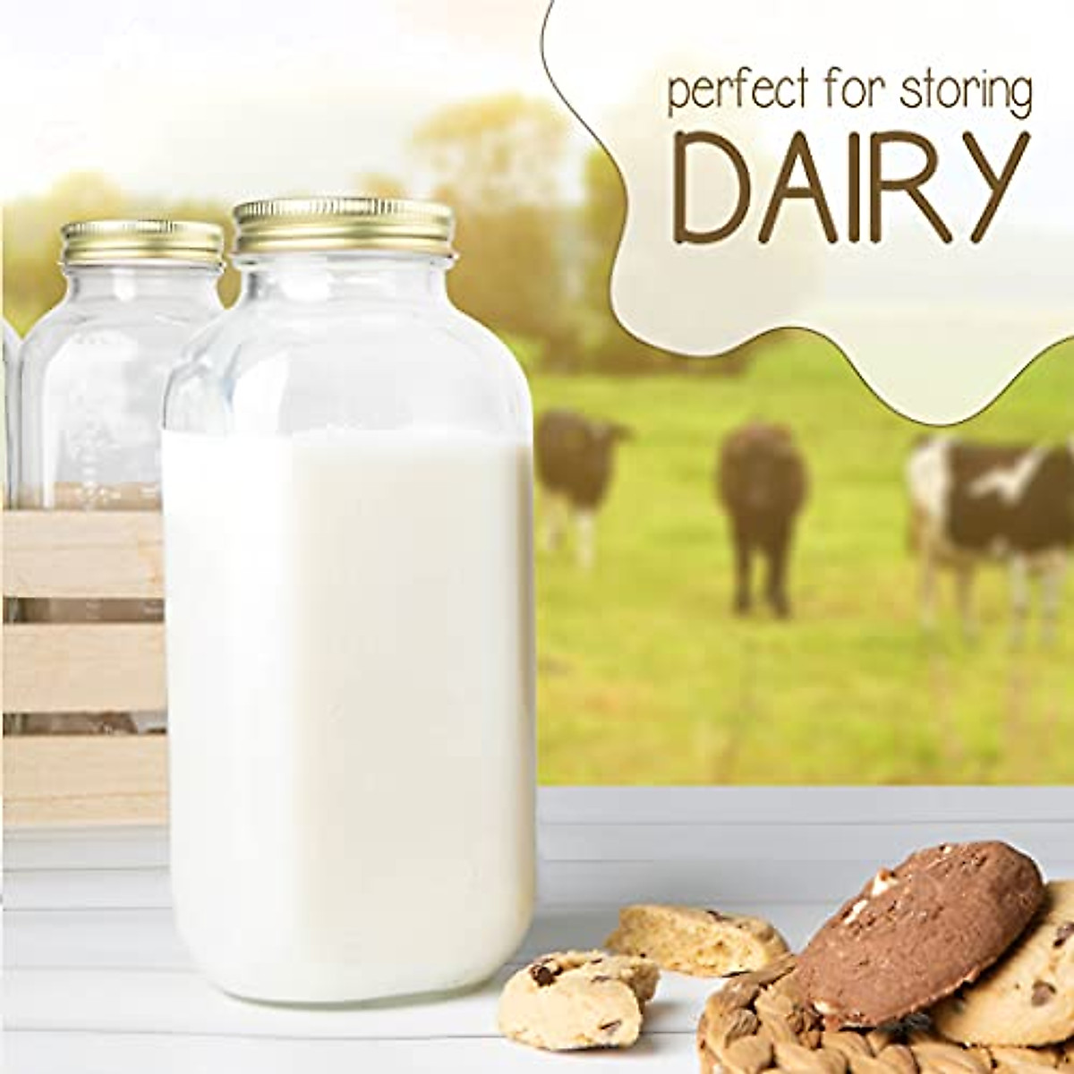 32oz Square Glass Milk Bottle with Metal Airtight Lids - Vintage Reusable Milk Jugs - Dairy Drinking Containers for Milk, Yogurt, Smoothies, Kefir, Kombucha, and Water- by kitchentoolz