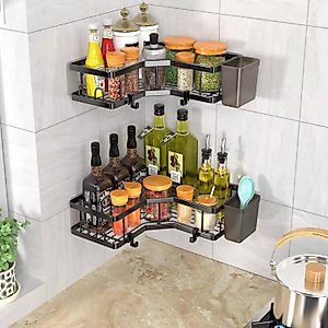 Generic Organizador de ducha esquinero, paquete de 2 estantes organizadores adhesivos de ducha de acero inoxidable a prueba de óxido, estante montado en la pared sin perforaciones, negro, Black