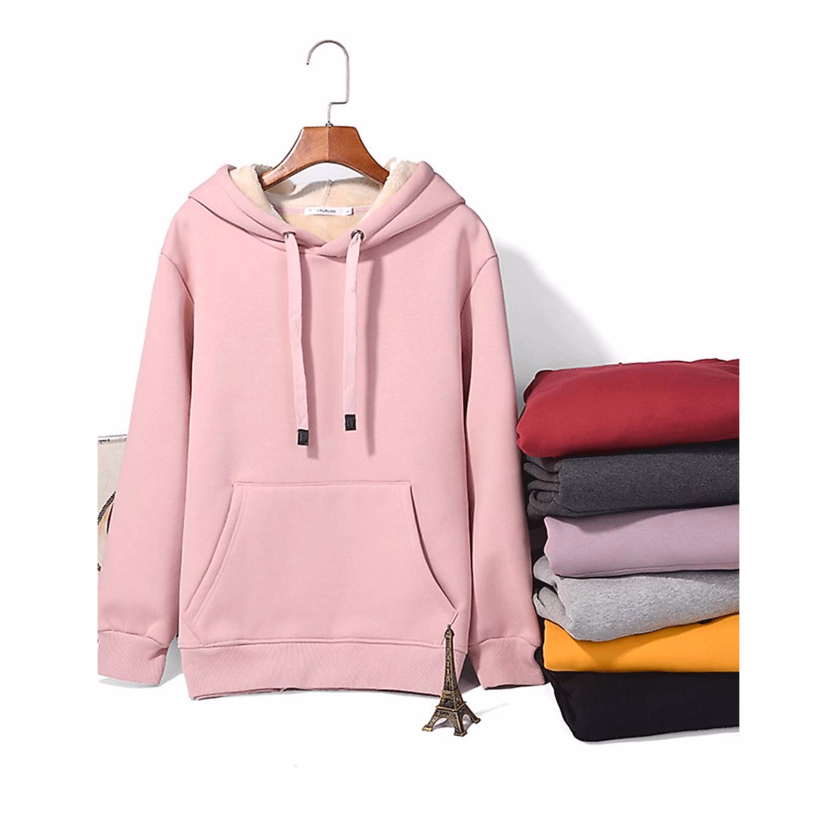 Haellun Womens Casual Winter Warm Fleece Sherpa Lined Pullover Hooded Sweatshirt (Pink, Medium)