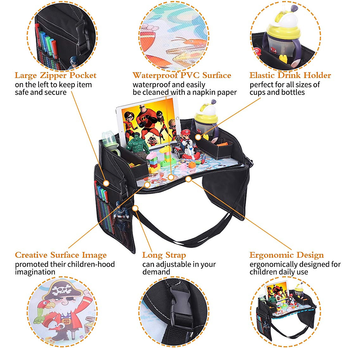 Innokids Kids Travel Lap Tray Children Car Seat Activity Snack and Play Tray Desk with Erasable Surface, iPad & Tablet Holder, Detachable Organizers for Cars, Planes & Baby Stroller (Black)