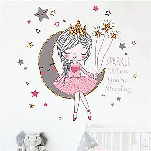 ROFARSO Colorful Cute Lovely Wall Stickers for Kids Peel and Stick Removable Wall Decals DIY Decorations Decor for Nursery Baby Girls Bedroom Playroom Living Room (Girl Sitting On The Moon)