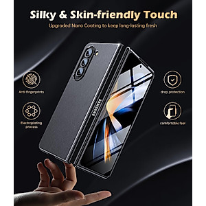 JUESHITUO 3-in-1 for Samsung Galaxy Z Fold 5 Case, [Omni-Directional Protection] [Metallic Glossy Bumper] Fascinating Touch Silm Fit Stylish Leather 5g Case for Galaxy Z Fold 5 Phantom Black