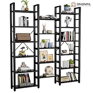 oneinmil Triple Wide 6-Shelf Bookcase Industrial Vintage Wood Style Large Open Bookshelves for Home&Office, Rustic Brown (6 Tier,Black)