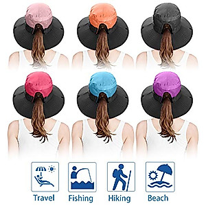 6 Pieces Womens Ponytail Wide Brim Sun Hat Packable UV Protection Beach Cap for Fishing & Hiking (Purple＆Sky Blue＆Watermelon Red＆Pink＆Orange＆Grey)