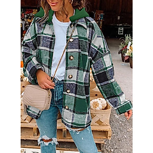 SHEWIN Womens Casual Plaid Hooded Flannel Shacket Jacket Hoodie Fall Winter Long Sleeve Oversized Button-Down Boyfriend Shirts Tops,US 18-20(2XL),Green