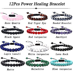 SAMOCO 12 Pcs 8mm Beads Natural Crystal Bracelet for Women Men Gemstone Beads Bracelet Unisex Adjustable Macrame Bracelets Set