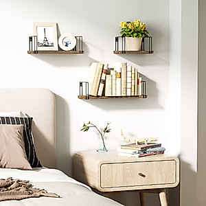 SRIWATANA Rustic Floating Shelves Wall Mount Set of 3, Hanging Wall Shelves, 17 Inch Wood Storage Shelves for Decor, Bedroom, Bathroom, Laundry Room, Living Room, Kitchen, Office - Light Walnut