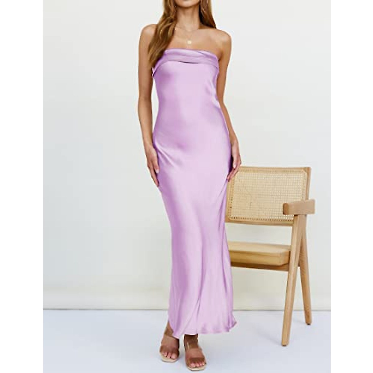 ZESICA Women's 2023 Summer Satin Strapless Dress Sexy Backless Bodycon Wedding Cocktail Party Maxi Dresses,Purple,X-Large