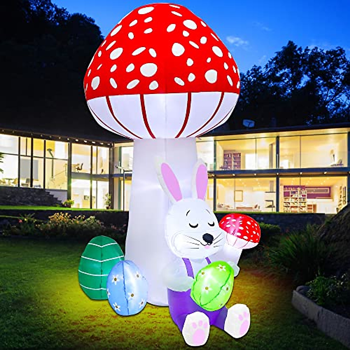 Lulu Home 6FT Easter Inflatable Yard Decoration, Lighted Blow Up Bunny Lean Against A Giant Mushroom Holding Easter Eggs, Air Blown Rabbit Lawn Garden Spring Indoor Outdoor Decors