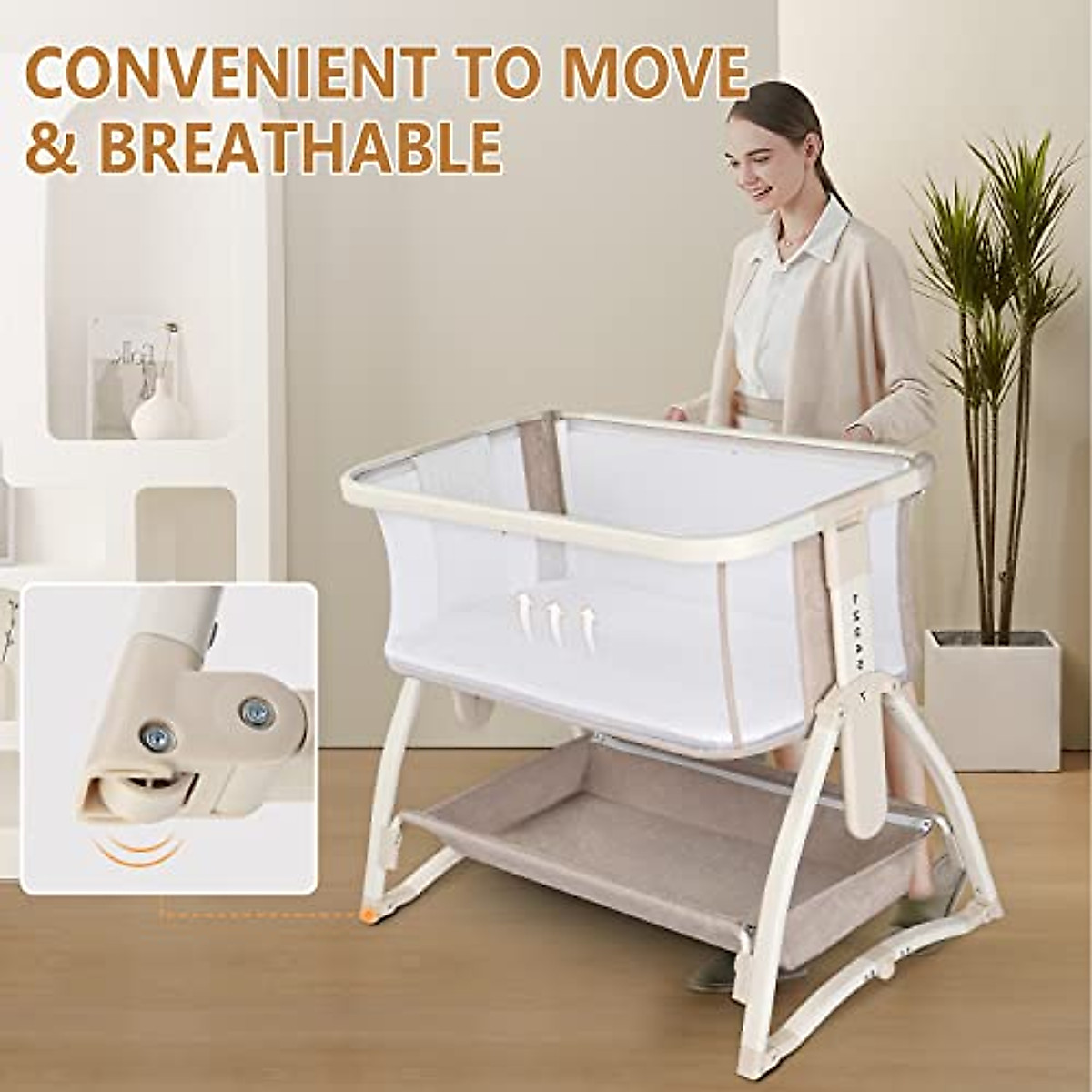 JOYMOR Bedside Sleeper Rocking Bassinet, Height Adjustable Breathable Net Bed Side Baby Cribs with Washable Mattress,Mosquito Net,Storage Basket for Infants, Beige