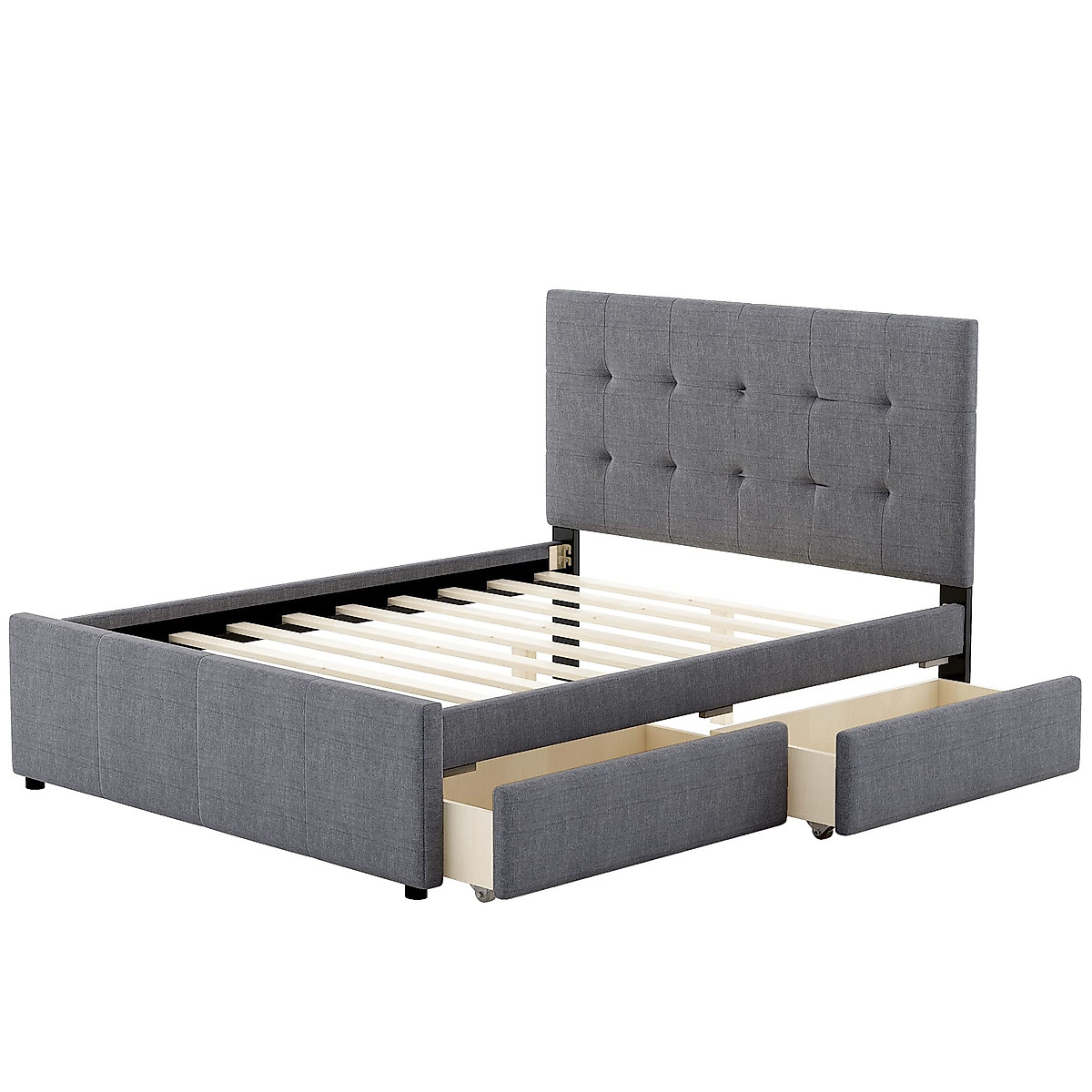 RUNWON Queen Size Linen Upholstered Platform Bed Frame with Headboard and Two Drawers for Bedroom, Grey