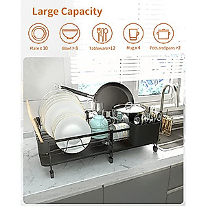SuperOrganize Dish Drying Rack, Expandable (9.45"-12.6") Dish Rack with Drainboard, Dish Drainers for Kitchen Counter, Stainless Steel Kitchen Drying Rack with 360°Swivel Spout and Utensil Holder