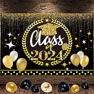 Black and Gold Graduation Party Decorations 2023,67pcs Class of 2023 Party Decor Kit with Balloon Garland Backdrop Banner and Tablecloth for High School, College, Medical Student Graduation Party Supplies