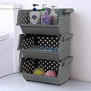 Begale 3-Pack Gray Plastic Stackable Detachable Storage Organizer Stacking Basket
