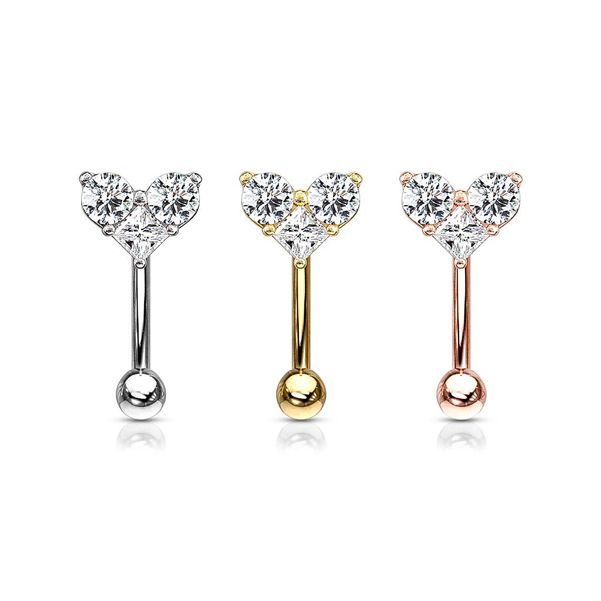 Amelia Fashion 16 Gauge Three Prong Set Round and Square CZ Heart Curved Barbell/Eyebrow Ring 316L Surgical Stainelss Steel (Choose Color) (Rose Gold/Clear)