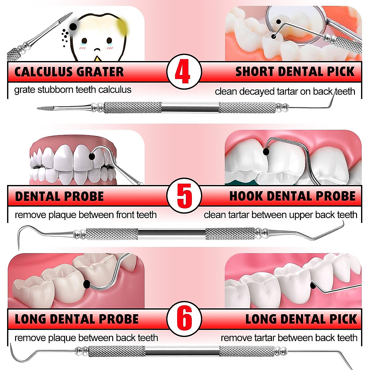 Antonki 6 Pack Teeth Cleaning Dental Tools, Plaque Remover Dental Hygiene Kit, Stainless Steel Professional Tooth Tartar Scraper for Home Use - with Case