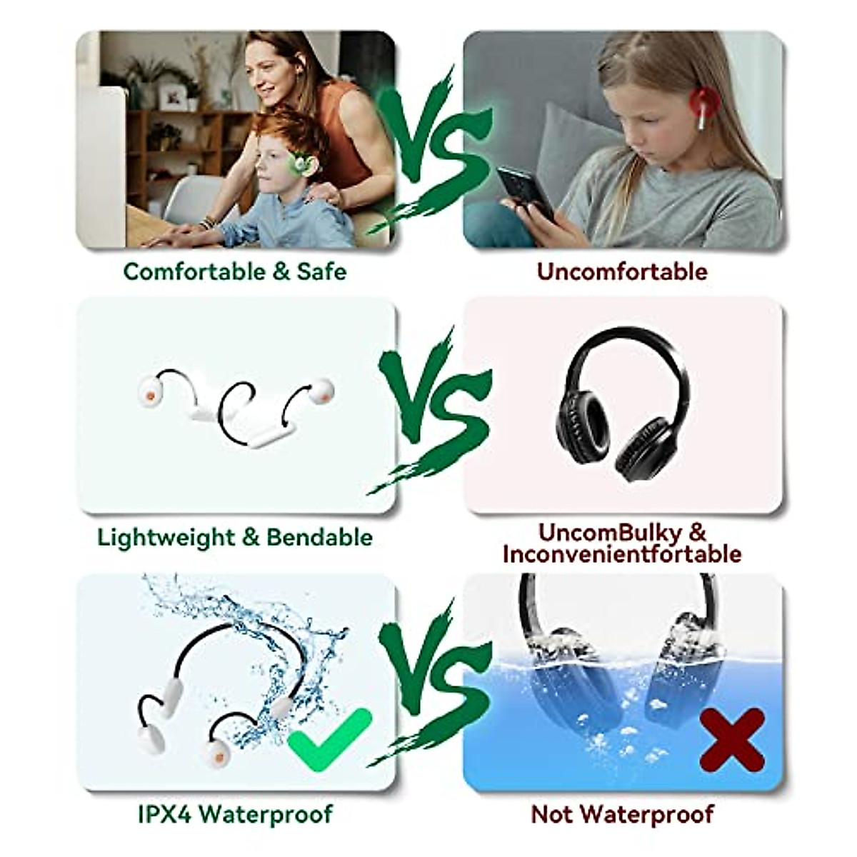 WGP Kids Headphones, Bluetooth 5.3 Wireless Air Conduction Open Ear Headphones with Microphone, IPX4 Waterproof, 12H Playtime Headset for iPad Tablet Home School (Black)
