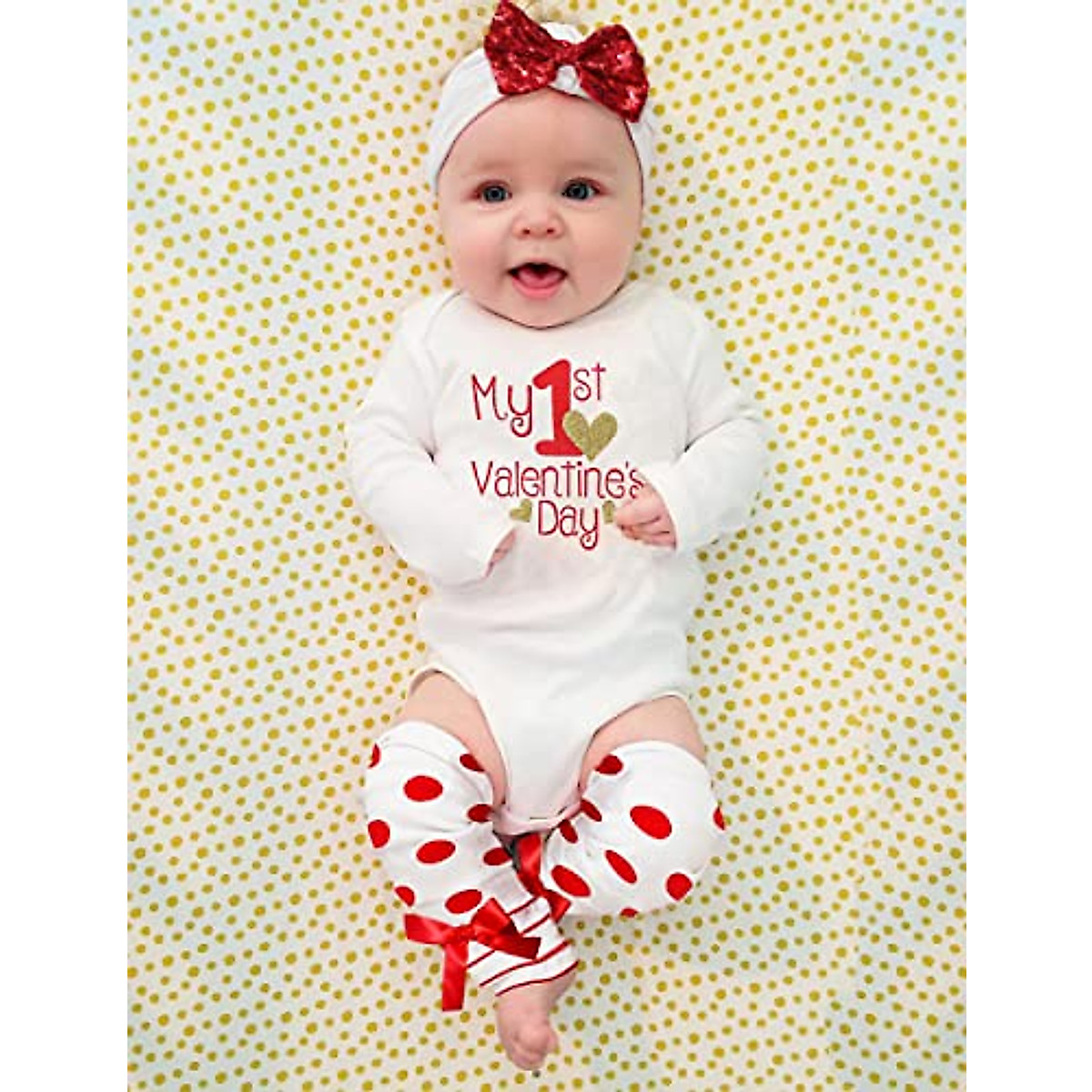 DONWEN Baby Valentine Outfits 3-6 Months My 1st Valentine's Day Baby Girl Outfit Set Long Sleeve Red Romper Bodysuit Dots Leg Warmers Cute Valentine Outfit Baby Girl