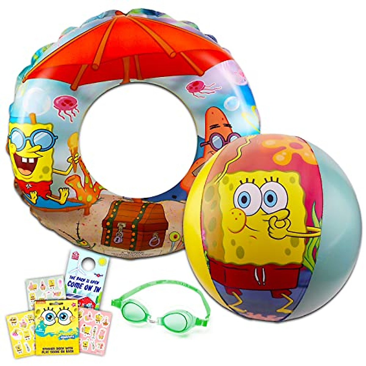 Viacom Spongebob Squarepants Ultimate Beach Set - 5 Pc Spongebob Pool Toys Bundle with Beach Ball, Swim Ring, Goggles, Plus Stickers and More (Spongebob Gift Set)