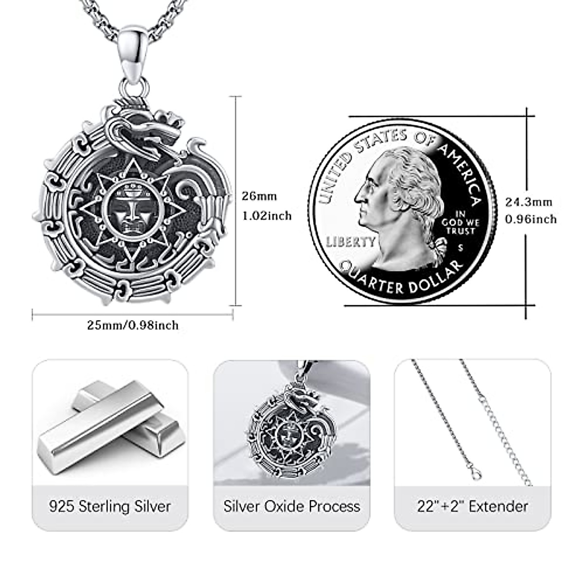 Aututer Aztec Ouroboros Necklace Sterling Silver Sun God Necklace Round Pendant Aztec Jewelry for Men Women Halloween Christmas Jewelry Gifts