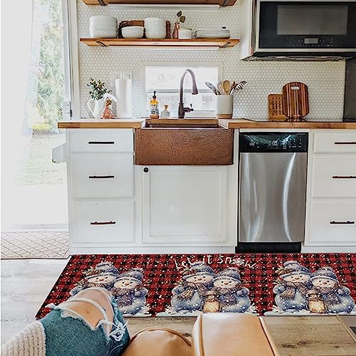 Christmas 2Pcs Kitchen Rugs, Anti Fatigue Kitchen Mat Non Slip Rug Runner Comfort Standing Floor Mats Kitchen Carpet Set for Sink, Laundry - Christmas Cartoon Snowman Red Black Plaid