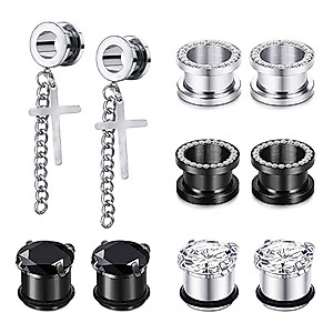 5 Pairs Ear Gauges CZ Diamond Plugs Tunnels Stainless Steel Dangle Cross Earring Expander Stretcher Piercing 0g