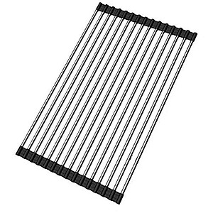 Roll up Dish Drying Rack Over The Sink Dish Drying Rack Portable Stainless Still Rolling Rack Folding Dish Drainer Sink Rack Mat Dish Drying Rack for Kitchen Sink Counter (17.8''LX11.2''W, Black)