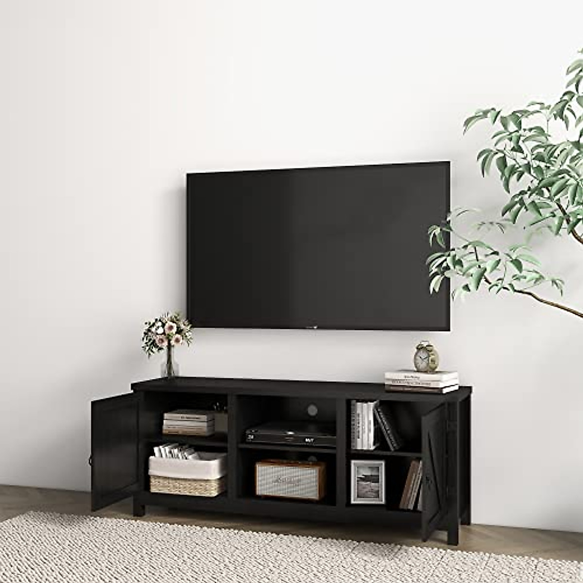 Panana Modern Farmhouse TV Stand for 65 inch TV, Entertainment Center with Storage and Open Shelves, Wood TV Stands TV Table Stand for Living Room, Bedroom (Black, for 32"-65" TV)