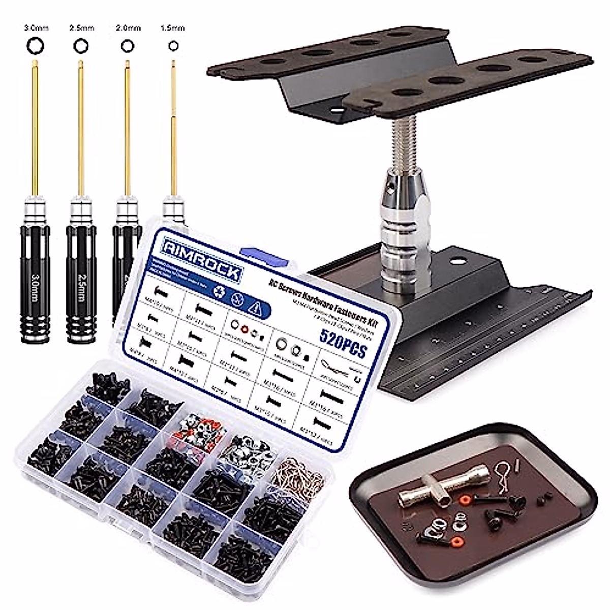 AIMROCK RC Car Repair Work Stand 360° Rotation Lift/Lower 520P RC Screw Fastener Box 4P RC Hex Screwdriver Tool Kit for 1/8 Buggy 1/10 1/12 1/16 RC Drift Car Monster Truck Crawler (Black)
