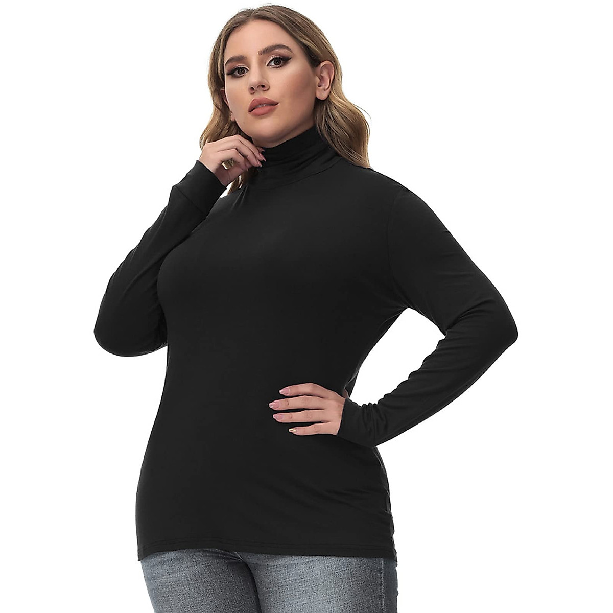 Hanna Nikole Plus Size Black Turtleneck for Women Fitted Ultra-Soft Pullover Slim Stretchy Mock Neck Shirt Tops 22W