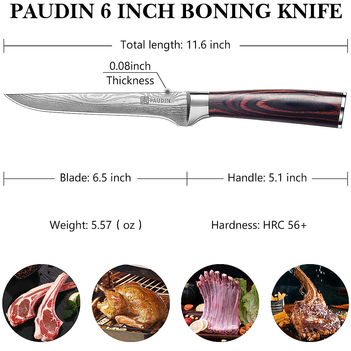 PAUDIN Boning Knife 6 Inch, Super Sharp Fillet Knife, German High Carbon Stainless Steel Deboning Knife, Professional Boning Knife for Meat Poultry Chicken, Pakkawood Handle with Gift Box