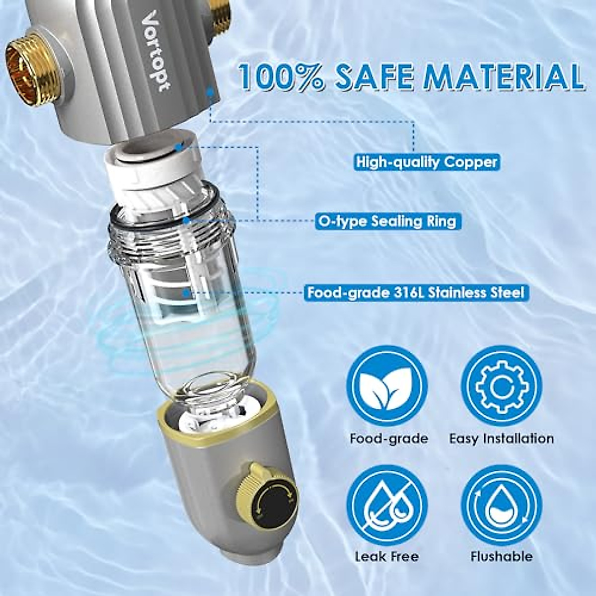 Vortopt Self-cleaning Spin Down Sediment Filter, Automatic Backwash Whole House Sediment Water Filter for Well Water, 40 Micron Flushable Prefilter Filtration, Q2