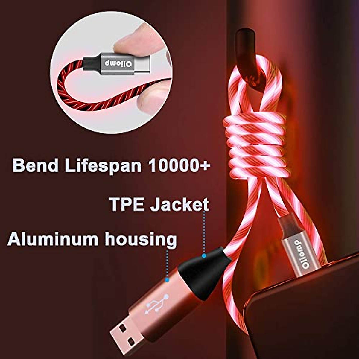 Oliomp USB C Cable, Type C Charging Cable Fast Charge, Lighted Up LED Cable, USB Type C Cable Compatible with Samsung Galaxy S21 Ultra S21 S20 S10 S9 S8 Plus Note 20 10 9 Pixel (6ft, Red)