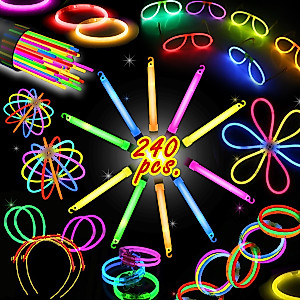 Glow Sticks Party Pack - 240 PCS That Includes, 100 Pcs 8 Inch Glow sticks,10 Pcs Ultra-Bright 6 Inch Glow Sticks, And All Exciting Accessories – Create Glow In The Dark Necklaces, Bracelets, Glasses, Headbands, Balls, Flowers And Much More, Neon Light St