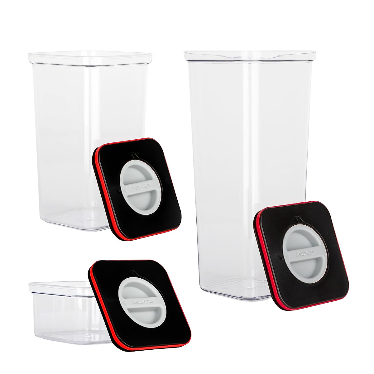 Kitchen Pantry 3 Set Airtight Smart Seal Dry Food Storage with Lid, Modular, Stackable, Square, Clear Canister for Cereal, Sugar, Flour, Snack, Coffee, Pasta Container (0.6L, 2.1 L, 2.7L)