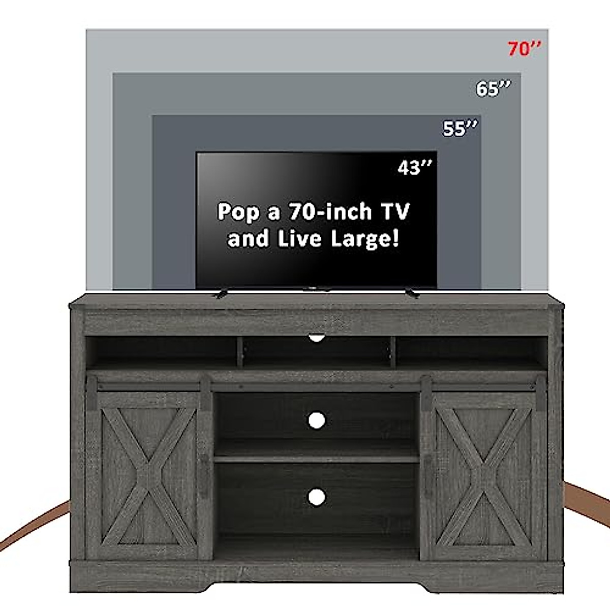 windaze Farmhouse 65 inch TV Stand, Entertainment Center with Sliding Barn Doors, Dark Grey