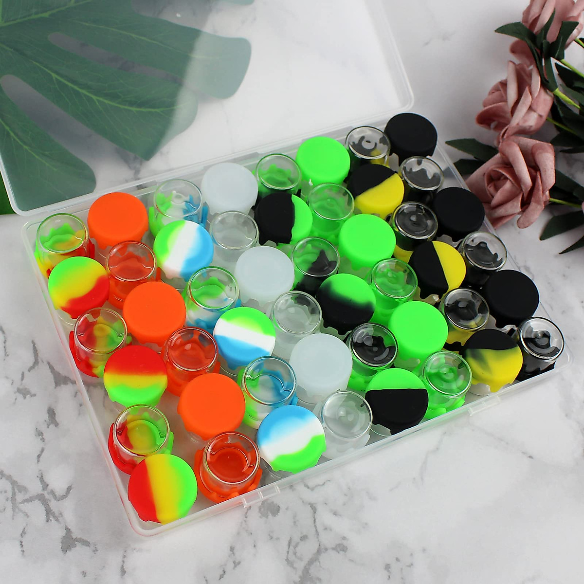 Glass Concentrate Container with Silicone Lids 48-Pack 6ml Round No-Neck Storage Jar for Oil, Lip Balm, Wax, Cosmetics by ooDuo, Multi