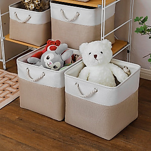 MidmmVick 13 x 13 Inch Cube Storage Bins, 4 Pack Large Collapsible Fabric Storage Bin with Ropes, Foldable Storage Cubes for Home, Office,Closet, Clothes, Toys Organizer (White & Beige)