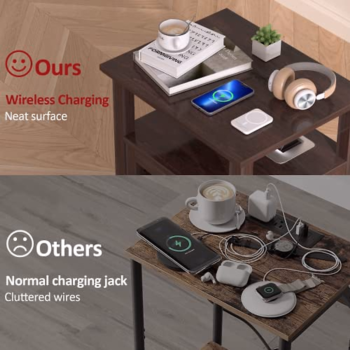 HIFYOBRO End Table with Wireless Charging Station Set of 2, Nightstand Set of 2, Side Table with Adjustable Storage Shelf for Bedroom, Living Room