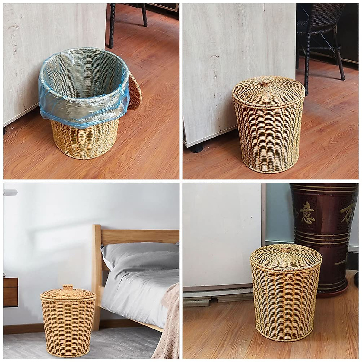 Cabilock 28 * 33.5 Woven Trash Can: Rattan Wastebasket with Lid Bedroom Trash Can Office Garbage Cans Wicker Basket Clothes Hamper Decorative Countertop Basket Straw