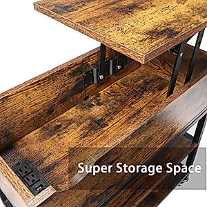 MOOACE End Table with Charging Station, Lift Top Nightstand Mobile Narrow Bedside Tables with USB Ports and Outlets for Living Room, Bedroom, Large Storage Space Cabinet, Rustic Brown