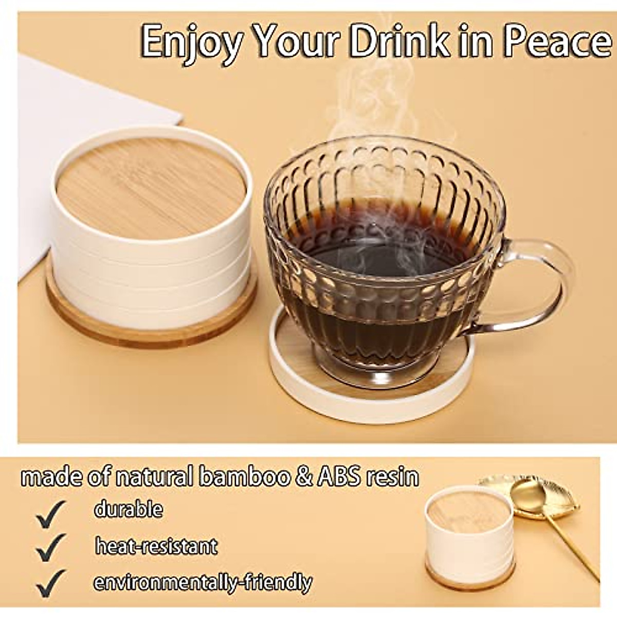 Senstap Wooden Coasters for Drinks Coffee Table, Round Drink Coasters with Holder, Set of 5 Cup Mat for Tabletop Protection, Cup Coaster with Lip 4-inch, White