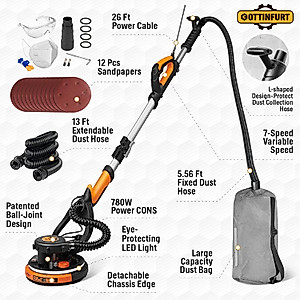 𝟐𝟎𝟐𝟒 𝐔𝐩𝐠𝐫𝐚𝐝𝐞𝐝 Drywall Sander, 780W Electric Power Drywall Sander with Vacuum, Dry Wall Sander with Extendable Handle, 7 Variable Speed 900-1800RPM, 95.5% Dust Removal for Popcorn Ceiling