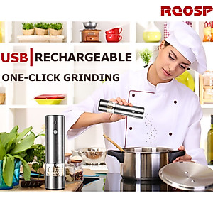 Electric Salt or Pepper Grinder, Rechargeable Stainless Steel Automatic Pepper Mill with Light, Adjustable Coarseness, Ceramic Core, One Touch Operation, Refillable, No Battery Needed